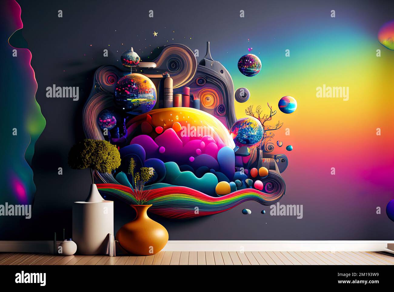 cozy modern creative interior with voluminous graffiti on the wall in ...