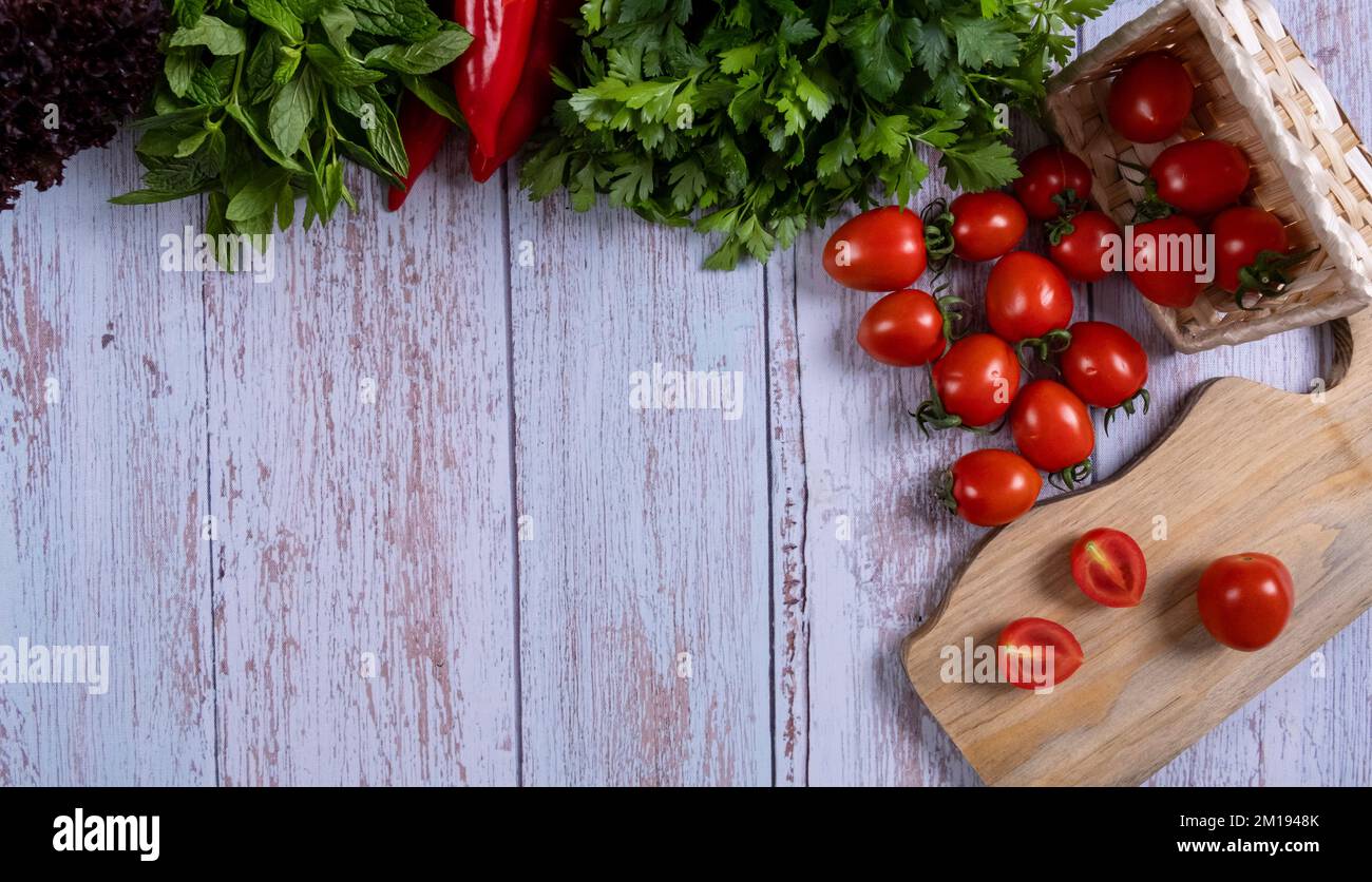 Freshly picked vegetables, cherry tomatoes, mint, green onions, lettuce ...