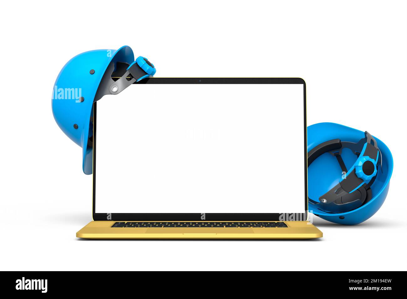 Set of safety helmets or hard caps and laptop for carpentry work on ...