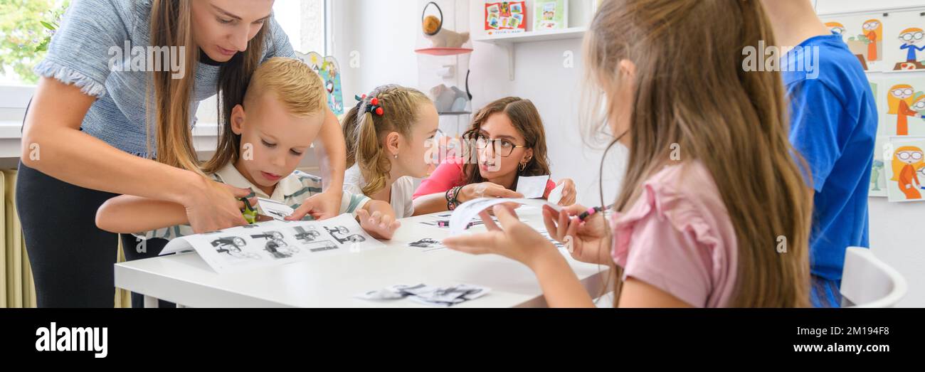Child occupational therapy session. Group of children doing playful ...