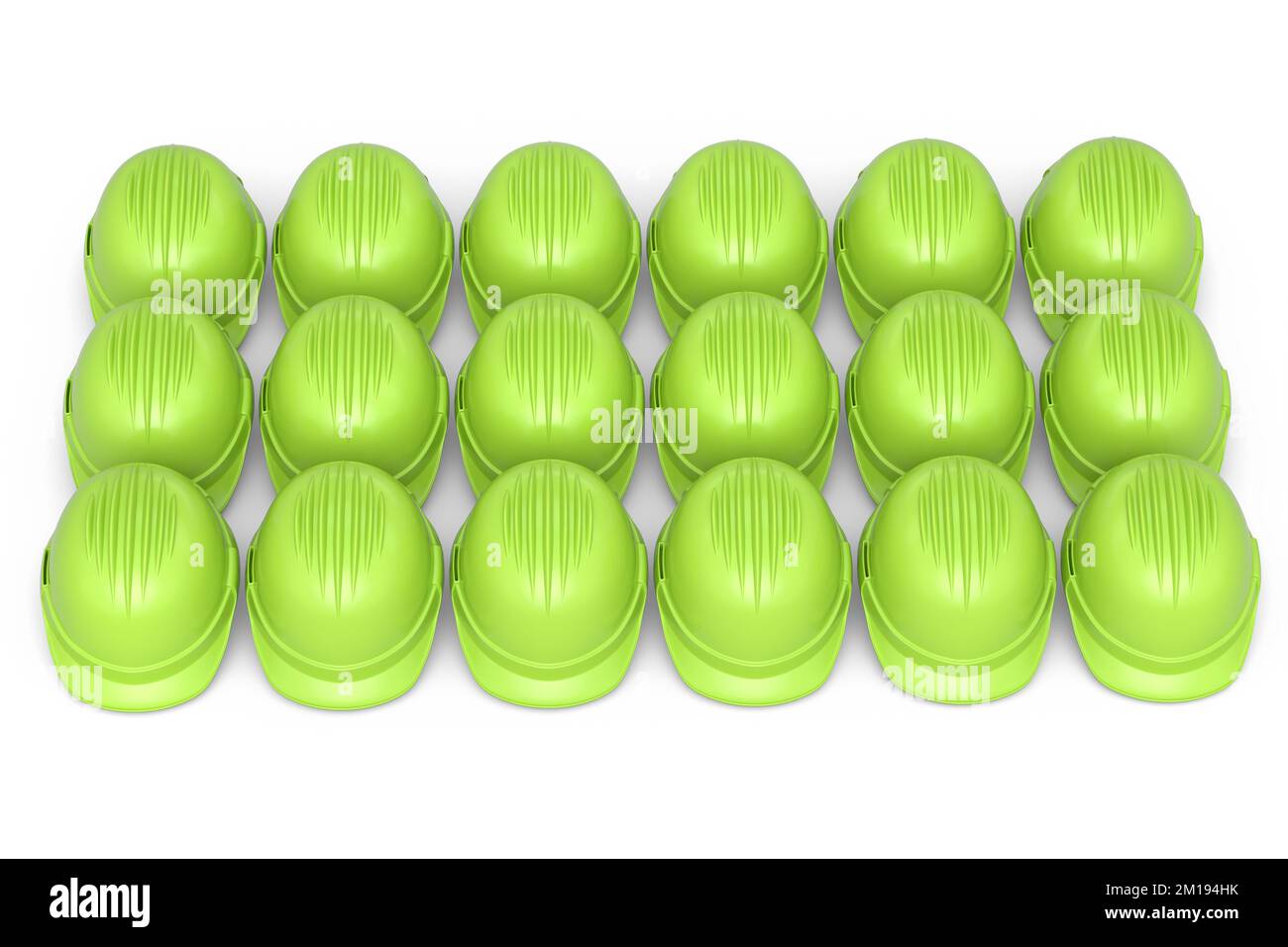 Set of safety helmets or hard caps for carpentry work in row on white ...