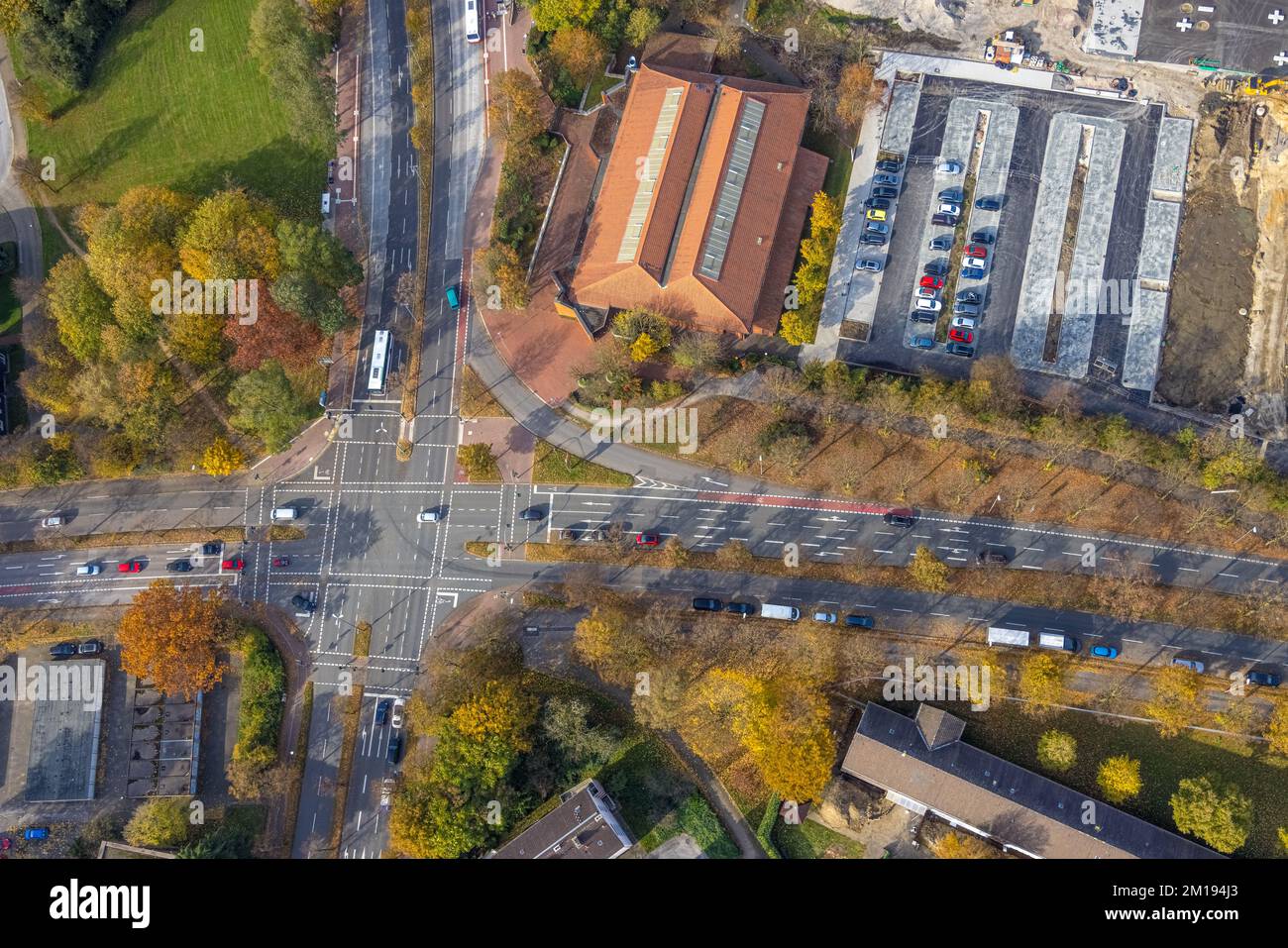 Aerial view, intersection Sandstraße and Konrad-Adenauer-Allee with red ...