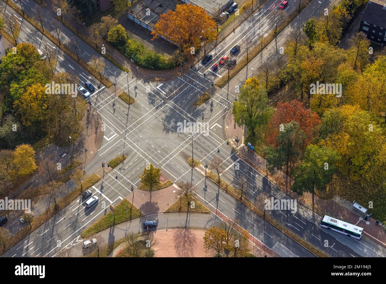 Aerial view, intersection Sandstraße and Konrad-Adenauer-Allee with red ...