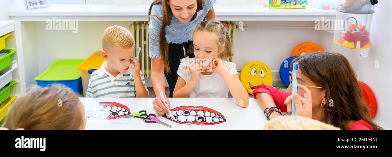Child occupational therapy session. Group of children doing playful ...