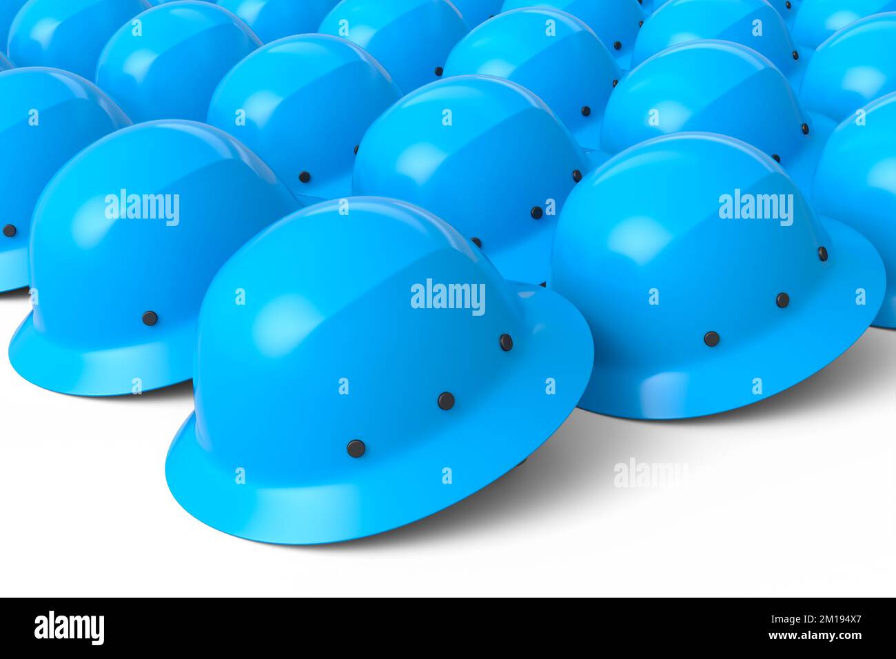 Set of safety helmets or hard caps for carpentry work in row on white ...