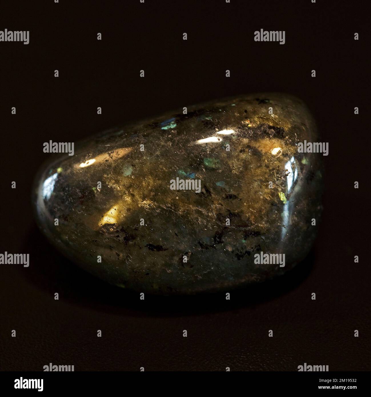 Macro close up colour photograph of a polished 'Galaxite' a semi ...