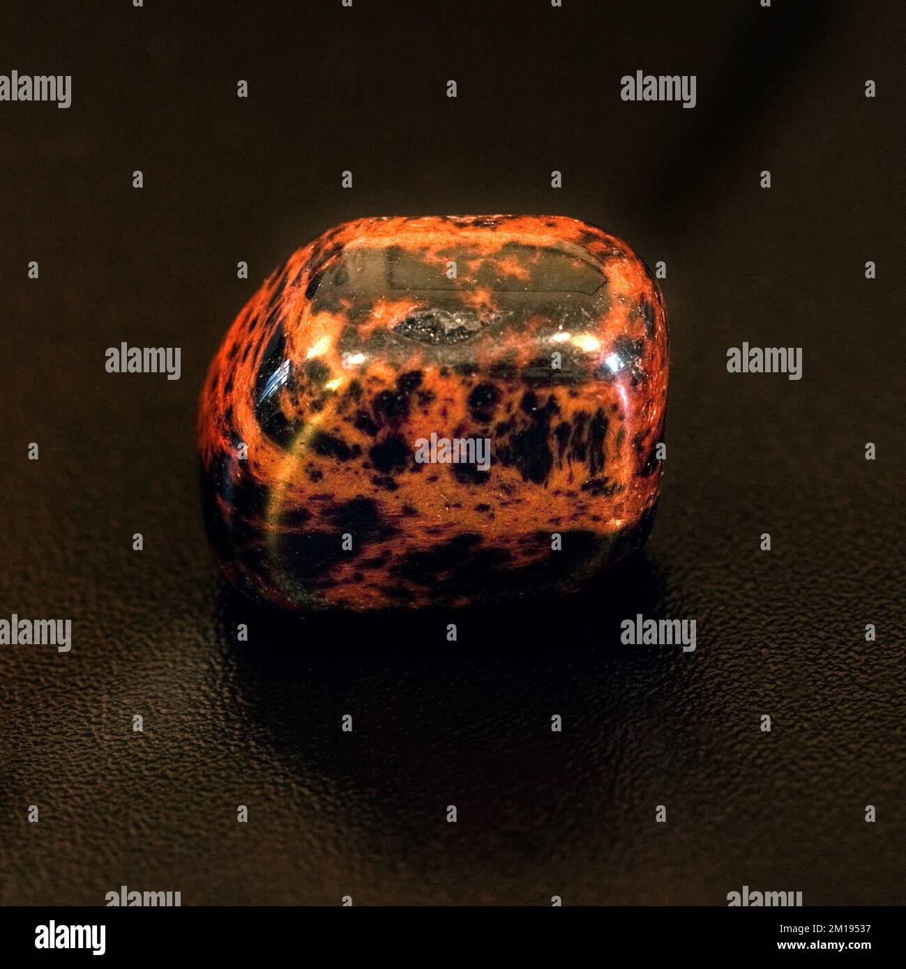 Macro close up colour photograph of a polished 'Mahogany Obsidian' a ...