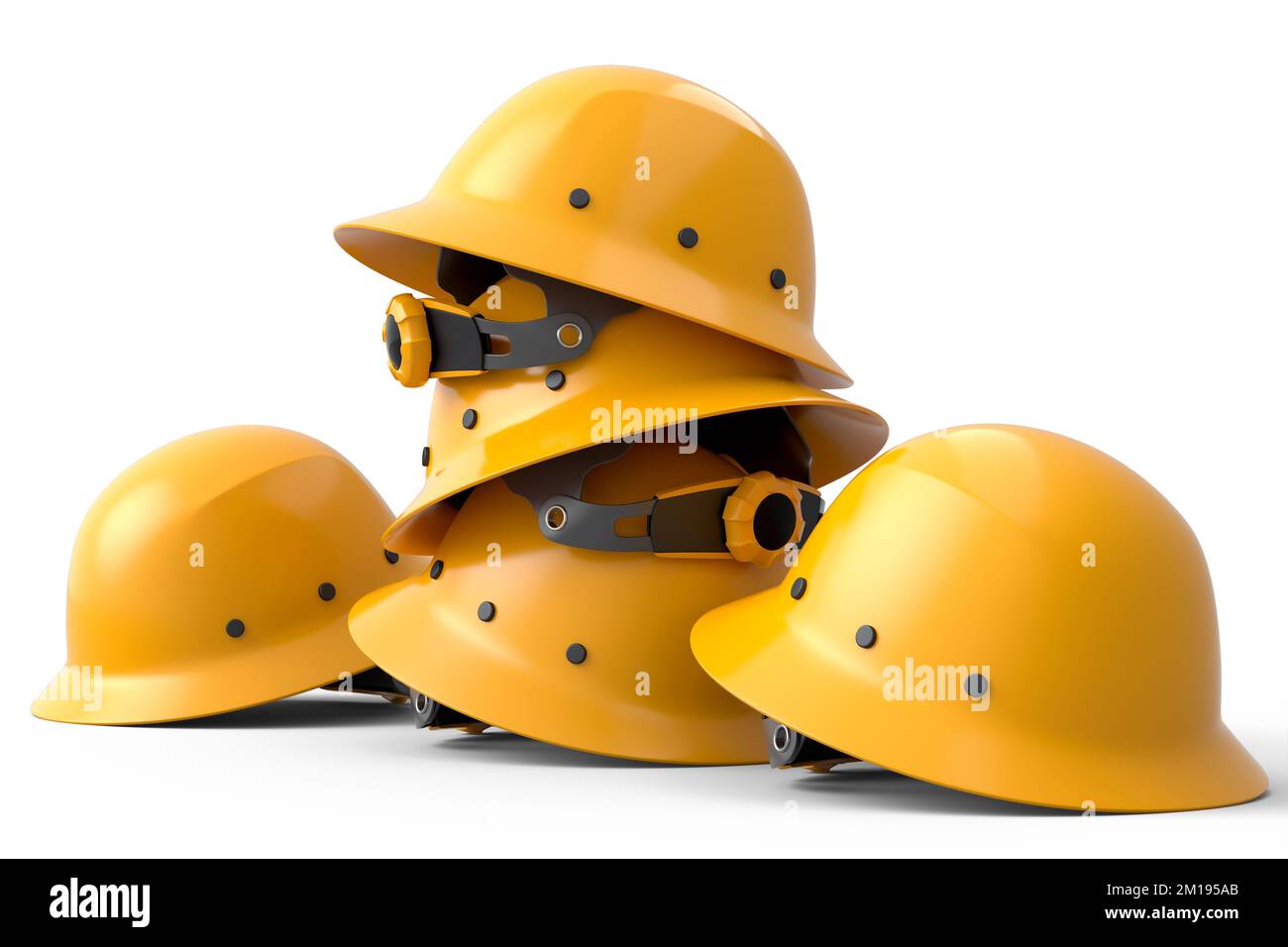 Stack of safety helmets or hard caps on white background. 3d render and ...