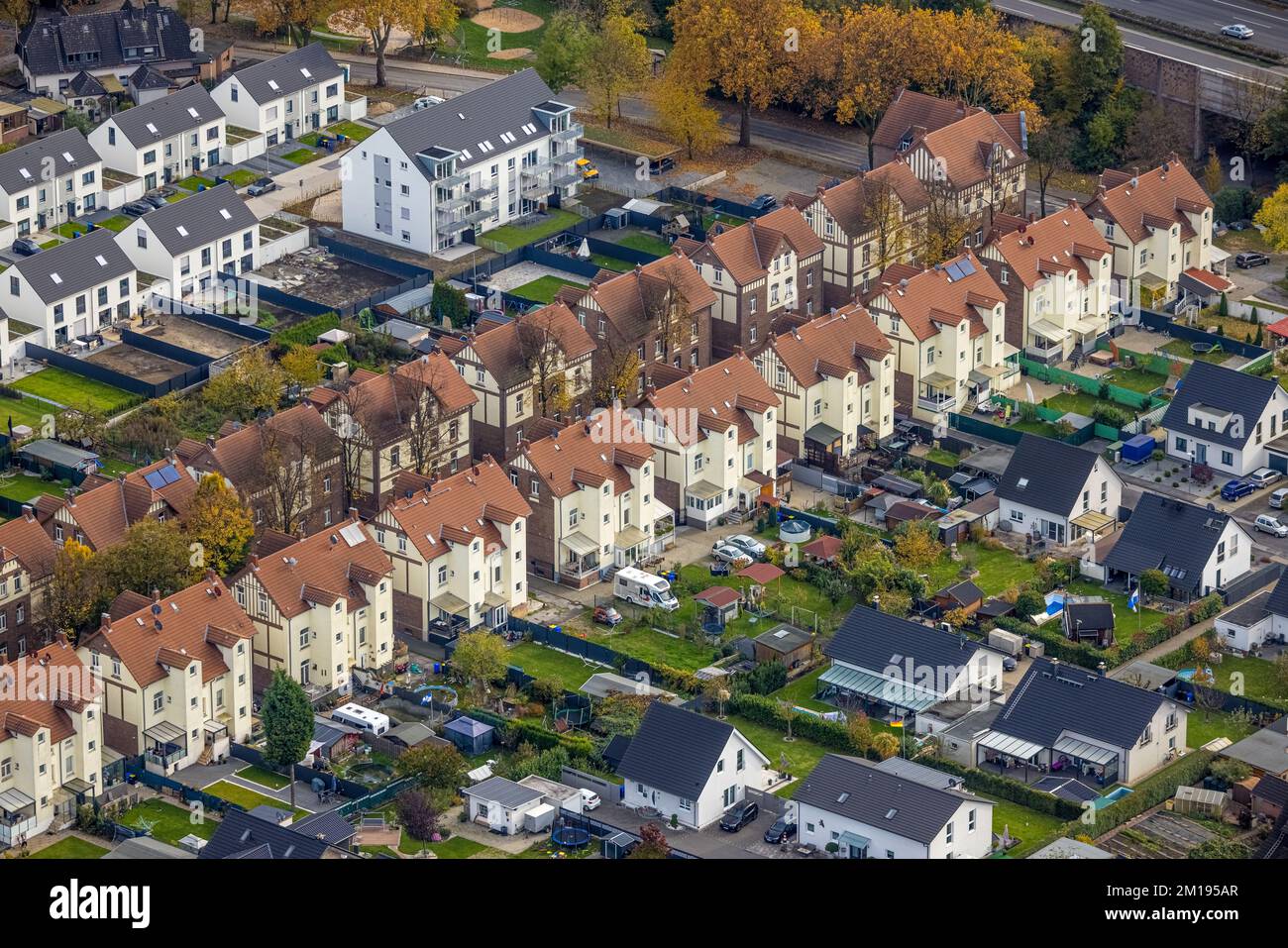 Aerial view, housing estates from three different eras: coal mine ...
