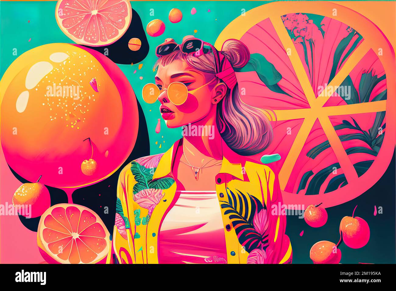 still life of fantastic 3D fruits in super vibrant colors against the ...