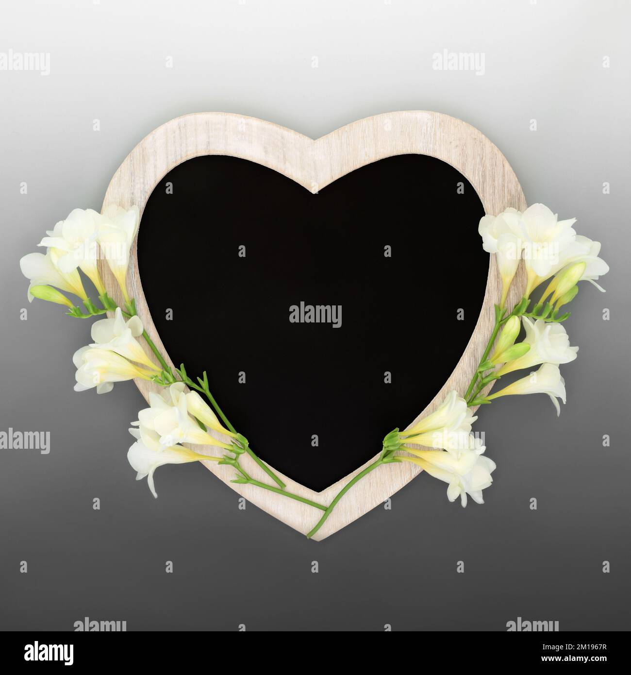 Heart shaped chalkboard frame with freesia flowers on gradient grey ...
