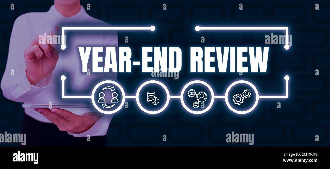 Text caption presenting Year End Review. Word Written on annual ...