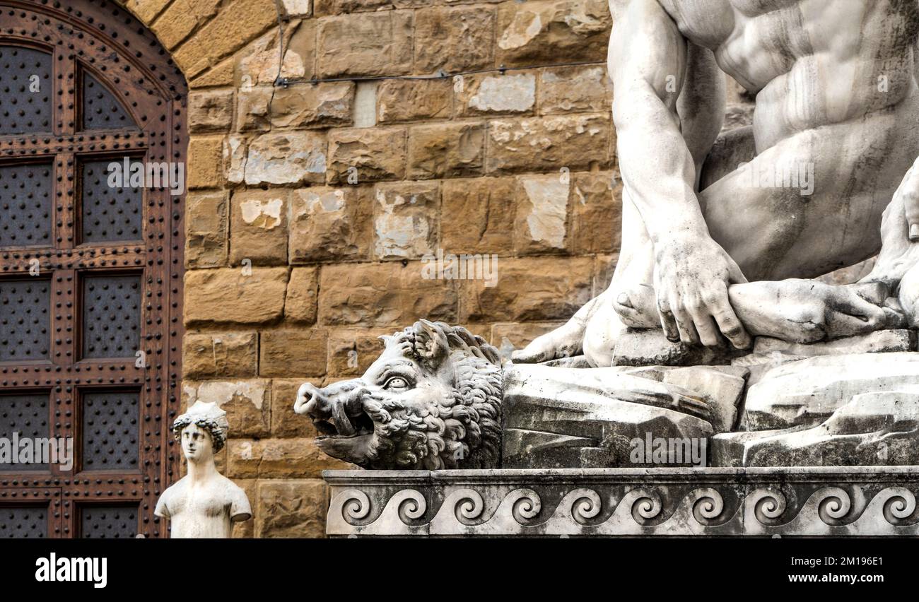 Close up of a boar's head at the feet of "Hercules and Cacus" marble ...