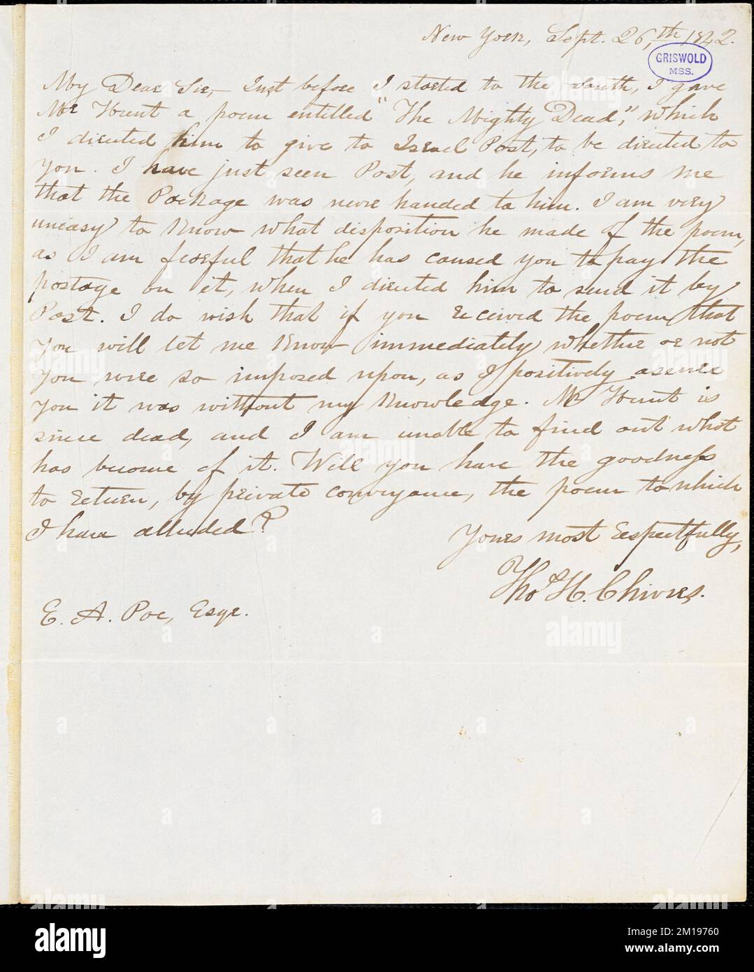 Thomas Holley Chivers, New York, autograph letter signed to Edgar Allan ...