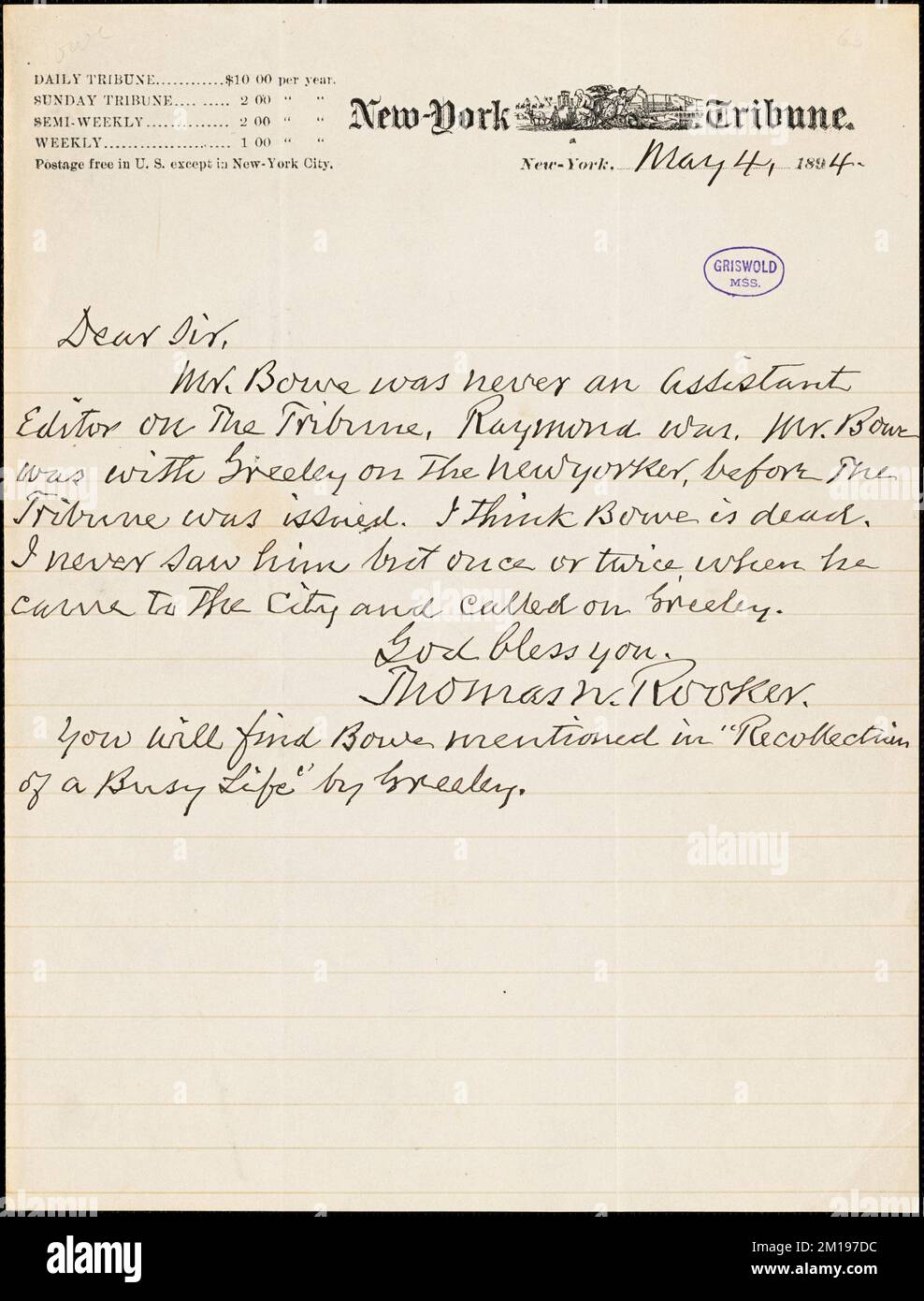 Thomas Newberry Rooker, New York Tribune, autograph letter signed, 4 ...