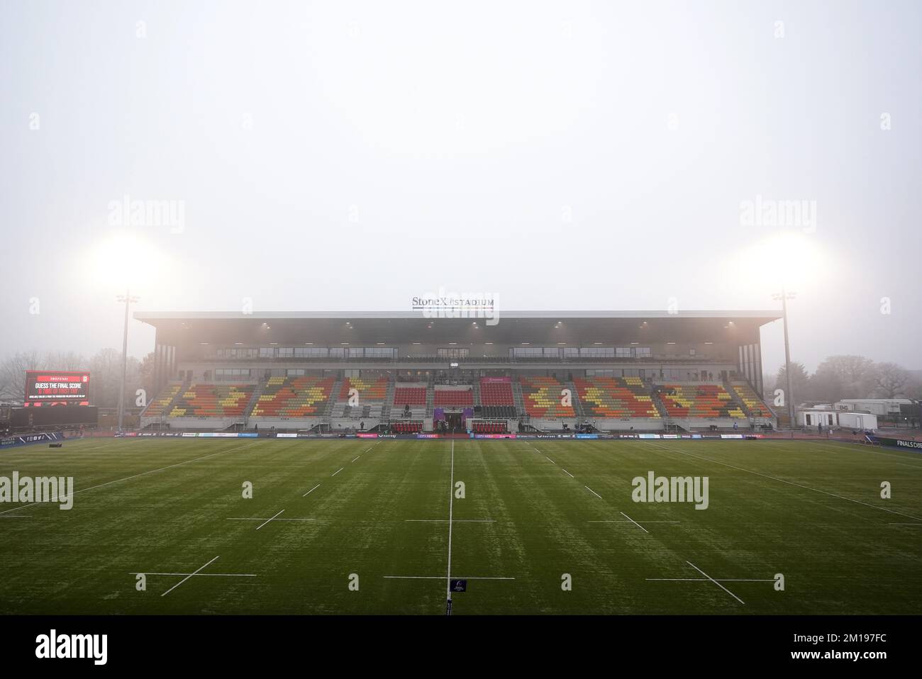 A general view the pitch in fog ahead of the Heineken Champions Cup ...