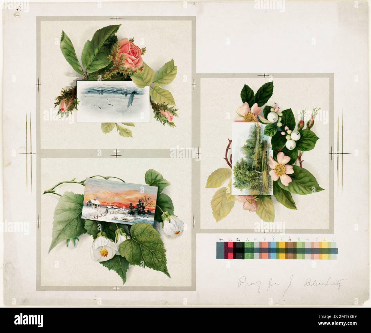 Three designs for cards , Flowers, Cards, Landscapes Representations ...