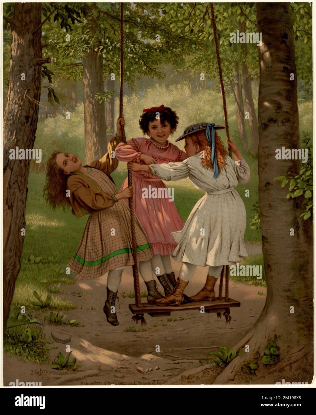 Three tom boys , Girls, Swings. Louis Prang & Company Collection Stock ...
