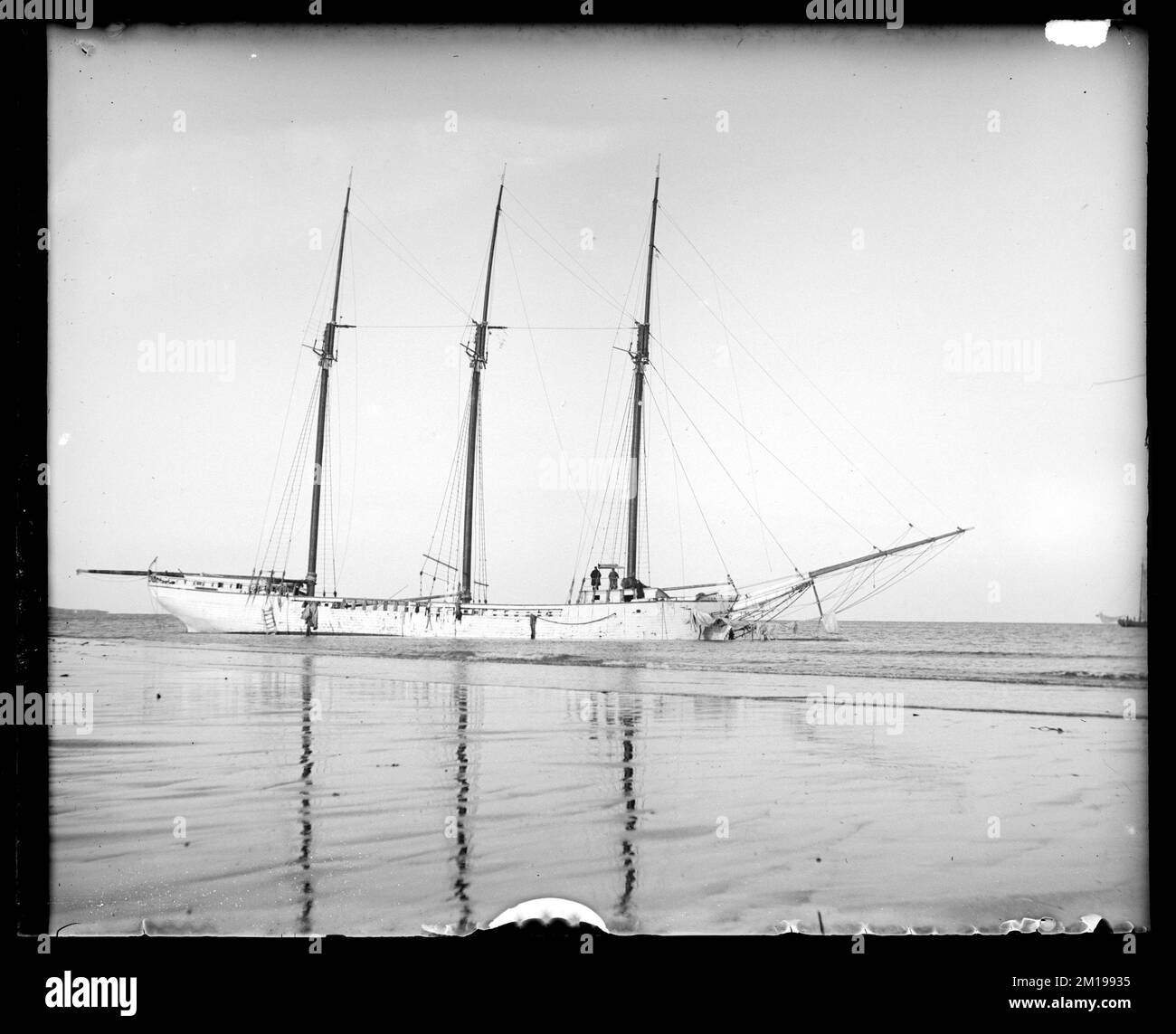 Three-masted schooner at wharf , Ships. Hingham Public Library Glass ...