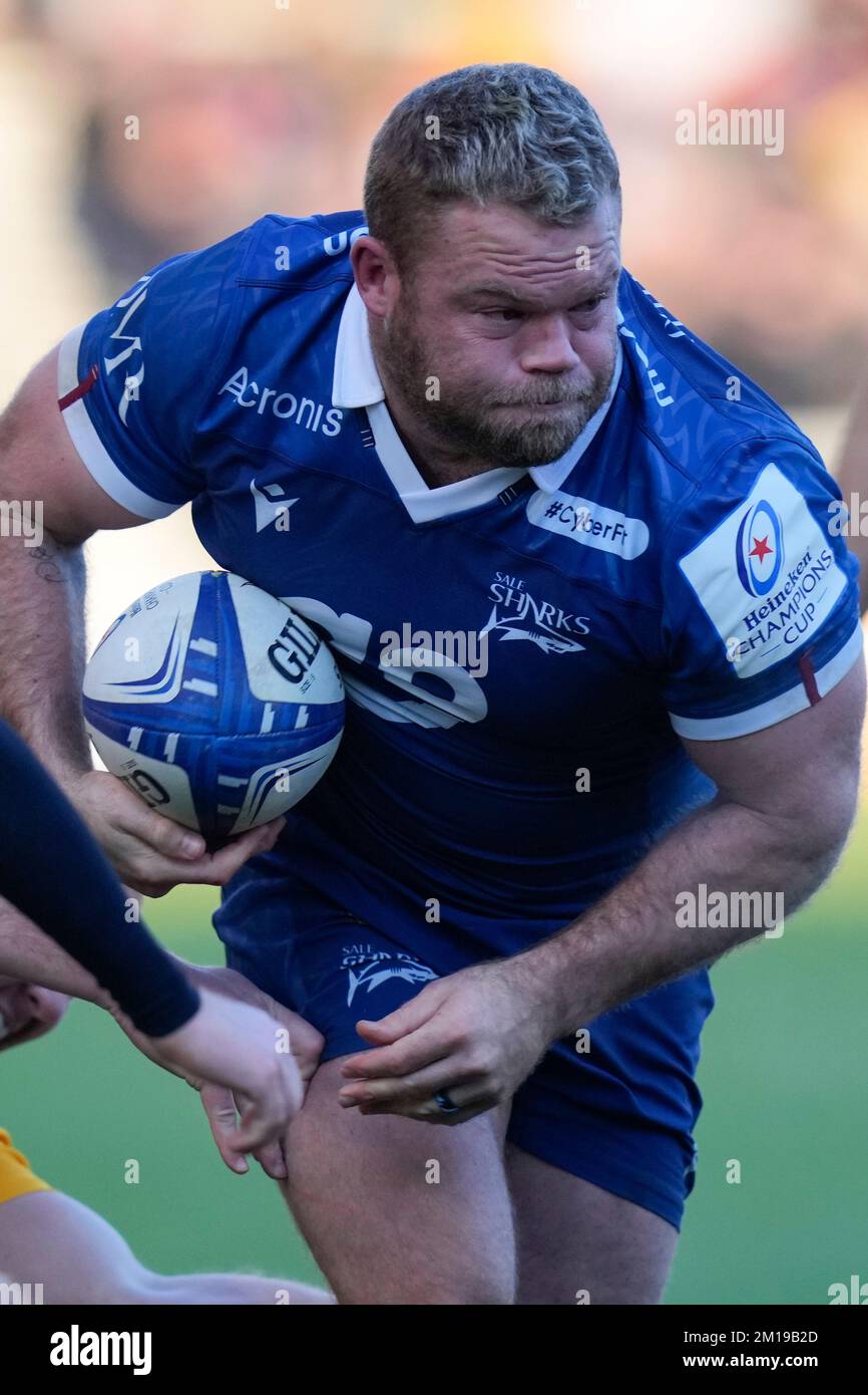Akker Van Der Merwe #2 of Sale Sharks charges at the Ulster Rugby ...