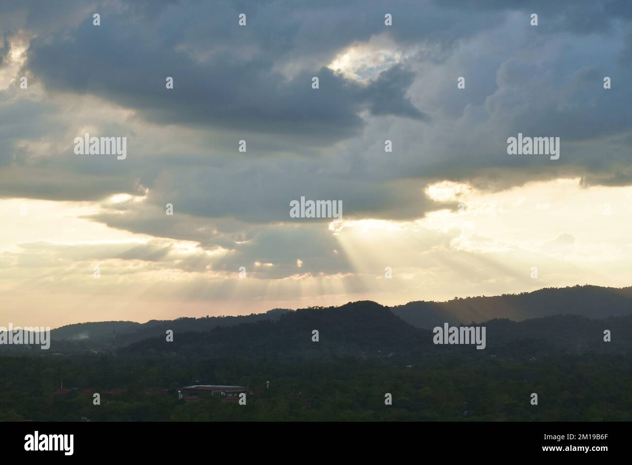 landscape of water reservoir lake with mountain background in sunset ...