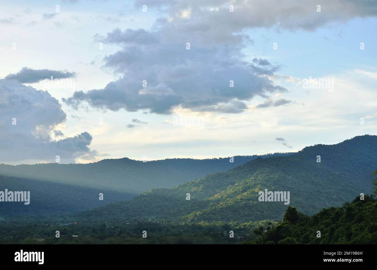 landscape of water reservoir lake with mountain background in sunset ...