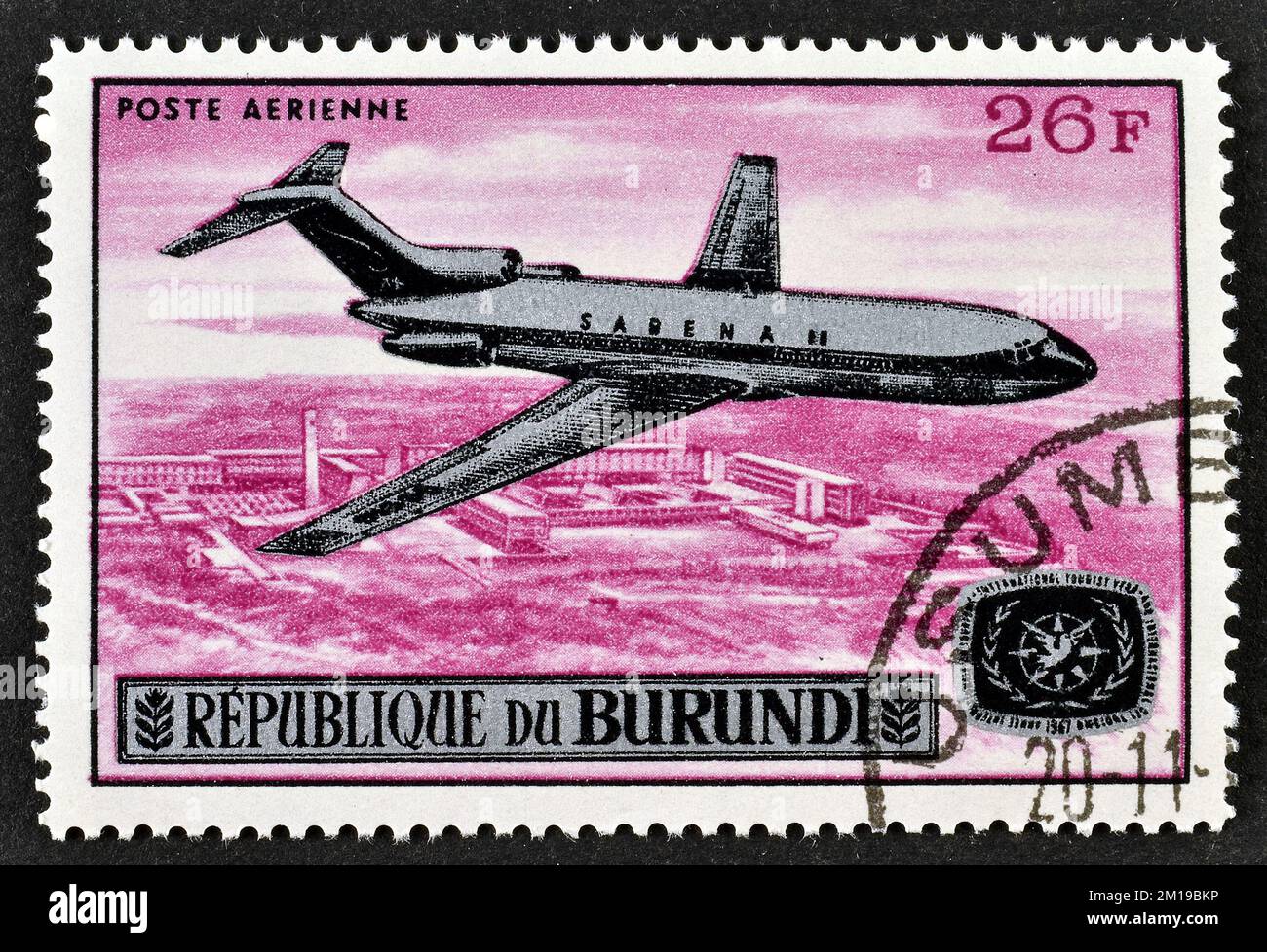 Cancelled postage stamp printed by Burundi, that shows airplane Boeing ...