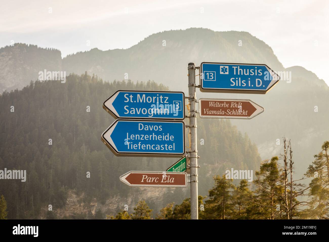 Road sign to St Moritz, Sils, Davos, Tusis and Parc Ela, Graubunden ...