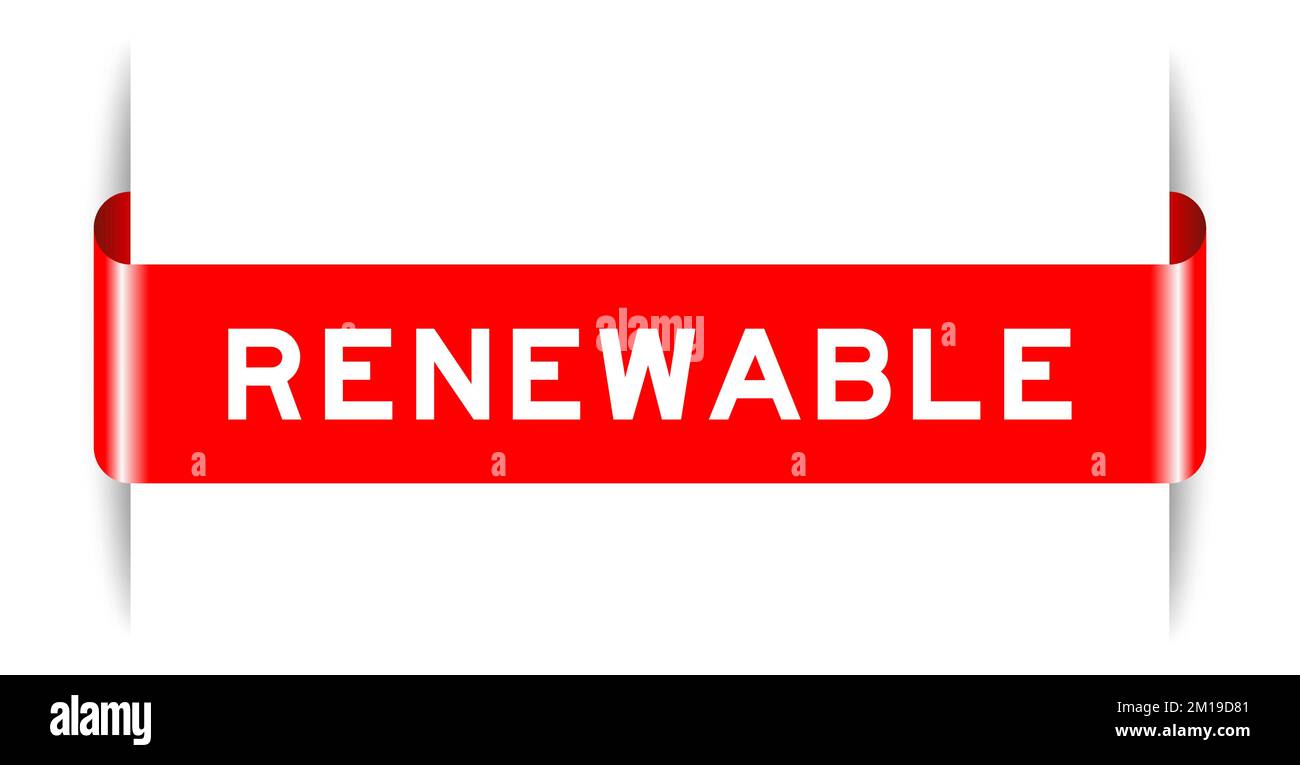 Red color inserted label banner with word renewable on white background ...