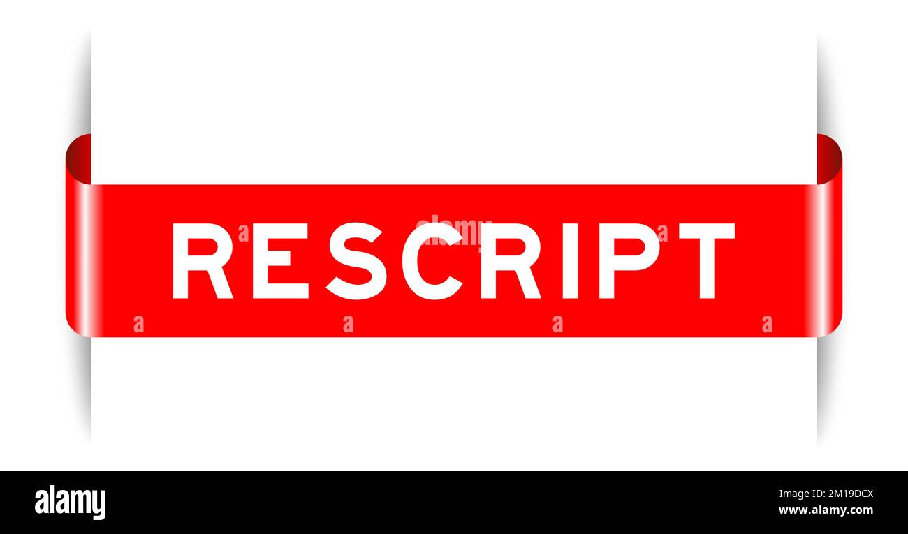 Red color inserted label banner with word rescript on white background ...