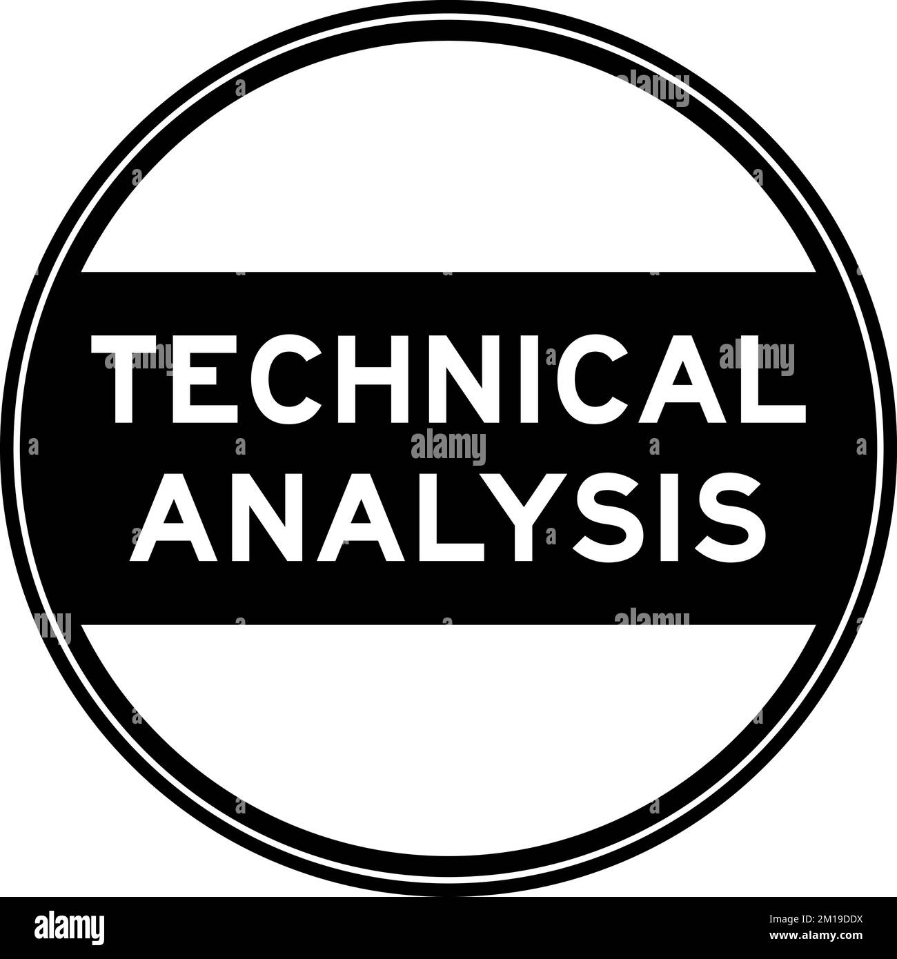 Black color round seal sticker in word technical analysis on white ...