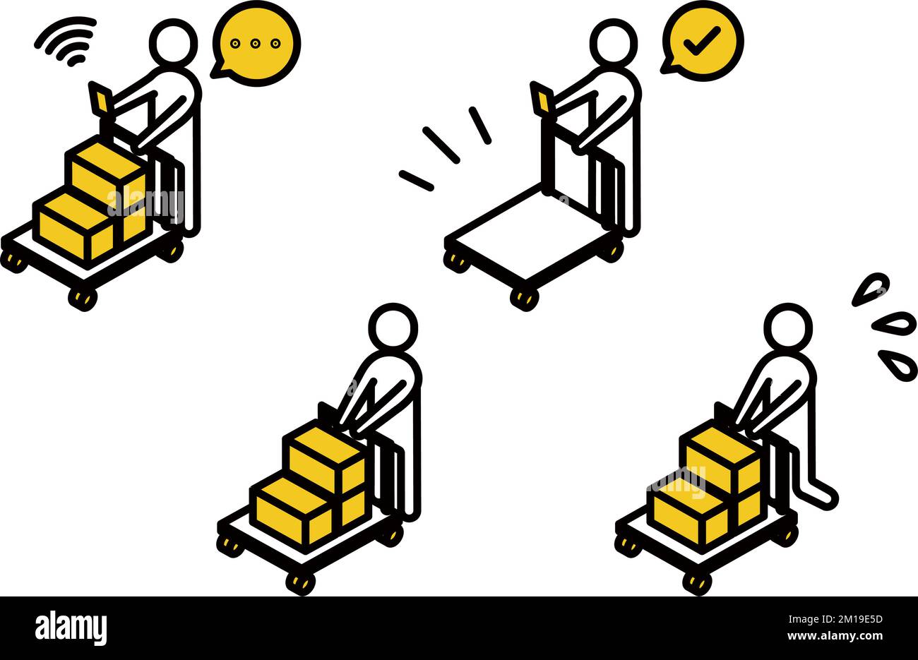 Simple line drawing of a person making a delivery using a cart, DX, IT ...