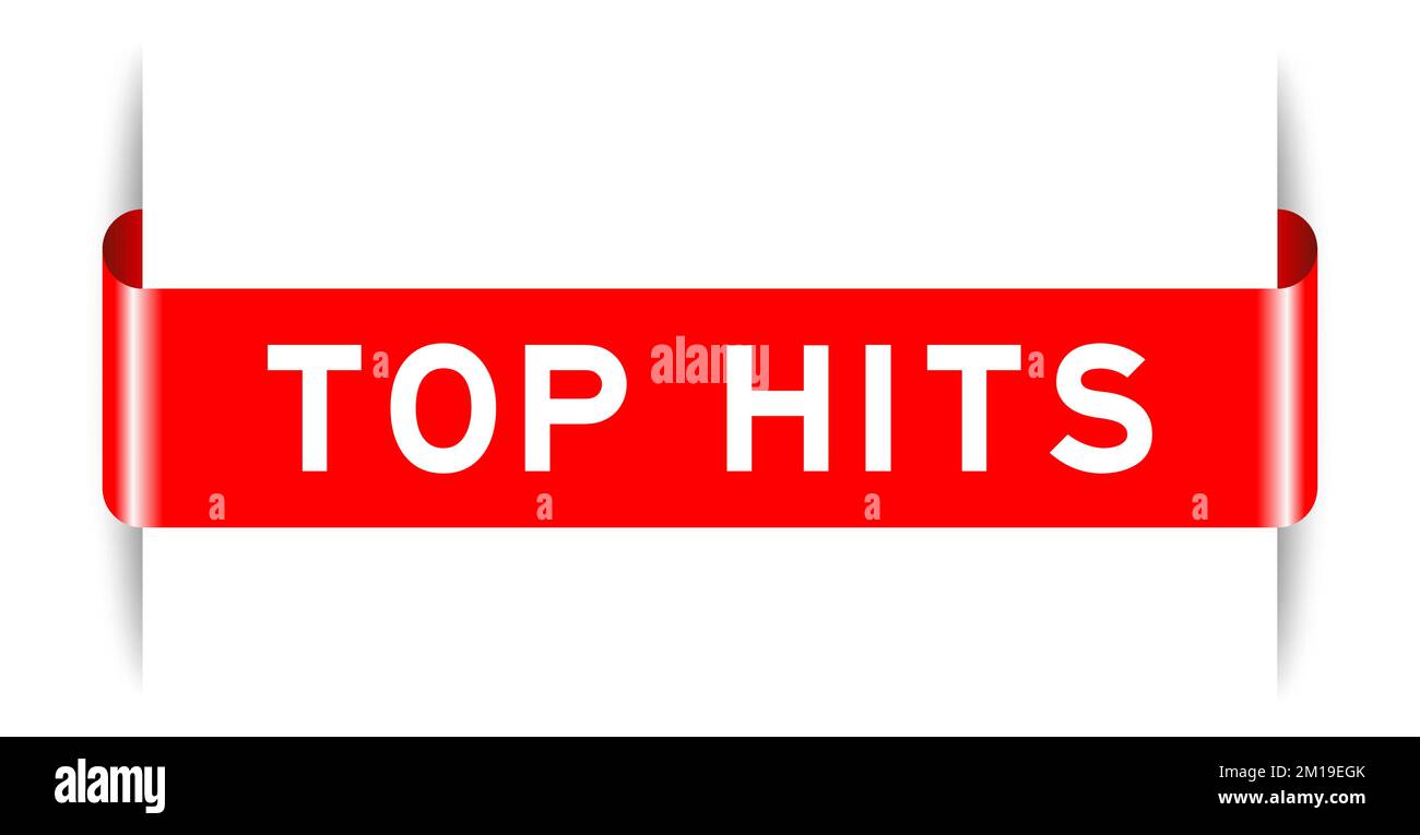 Red color inserted label banner with word top hits on white background ...