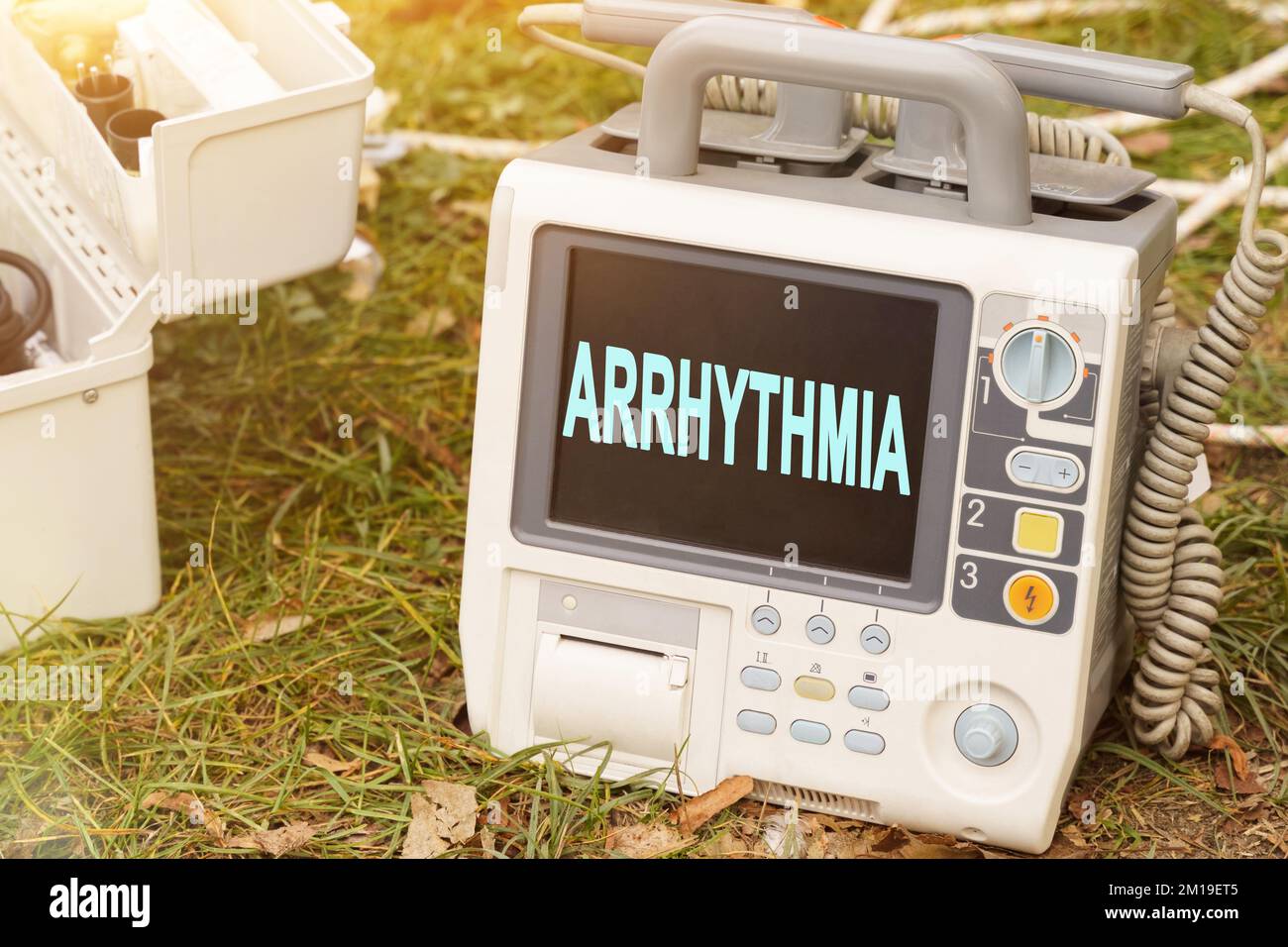 Medicine and health concept. The text is written on the defibrillator ...