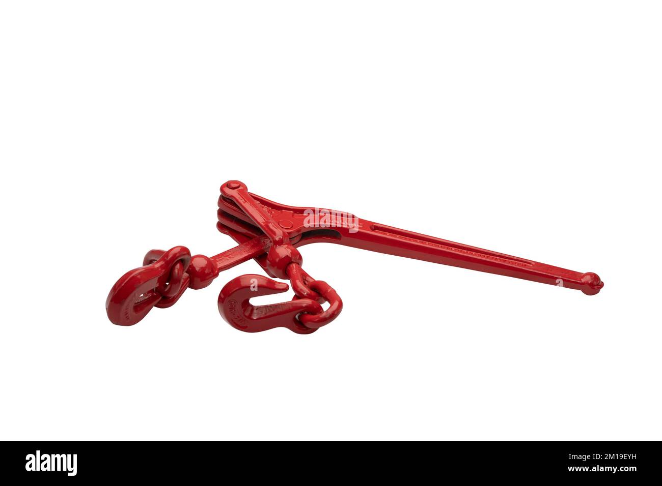 A metallic red ratchet chain binder for securing the load isolated on ...