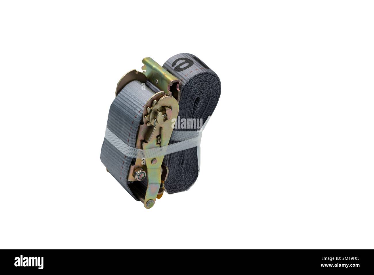 A scroll of gray cargo straps to tie cars with stainless buckles ...