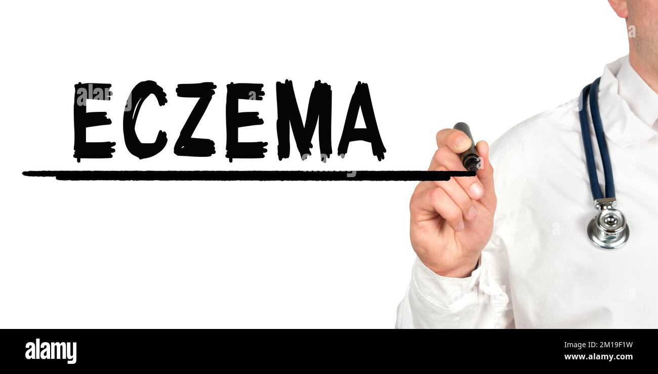 Medicine concept. Doctor writes the word - ECZEMA. Image of a hand ...
