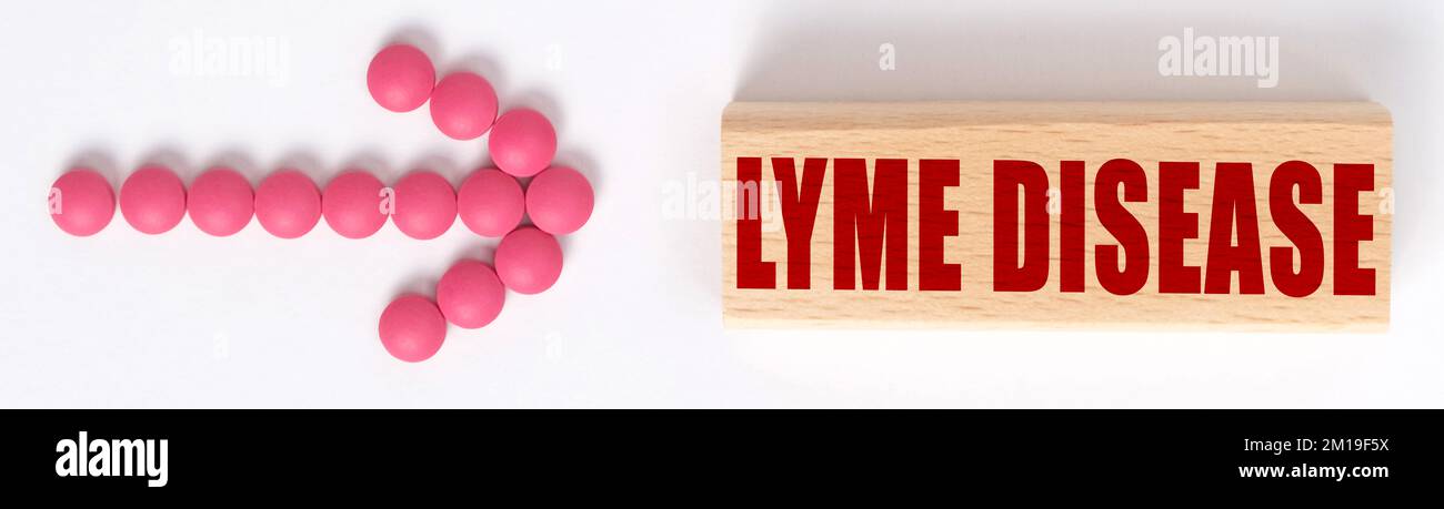 Medicine concept. An arrow of pills points to a sign that says LYME ...