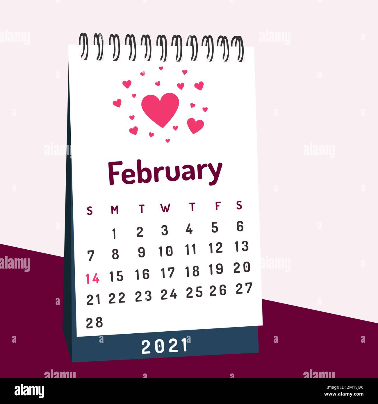 February 2021 calendar with hearts and marked 14. Valentines day ...
