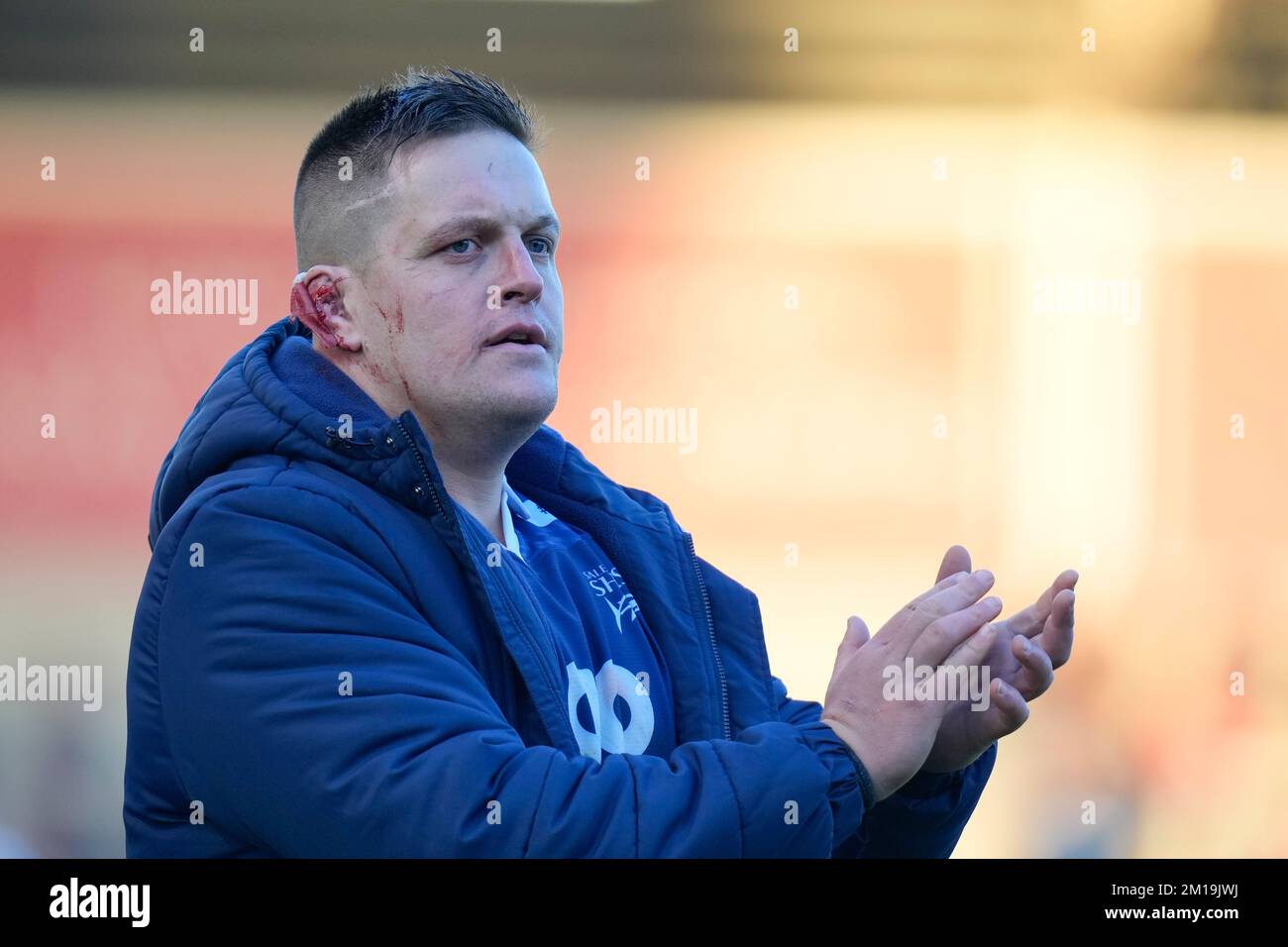 Nick Schonert #3 of Sale Sharks salutes the fans after the European ...