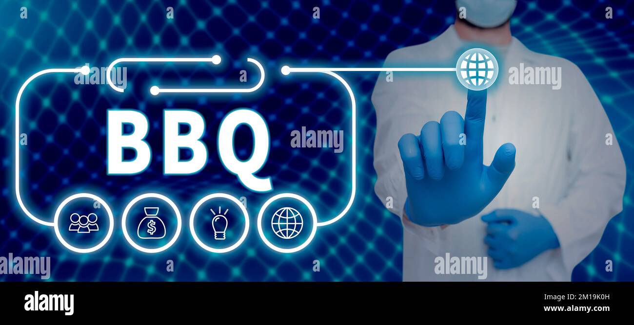 Sign displaying Bbq. Concept meaning usually done outdoors by smoking ...
