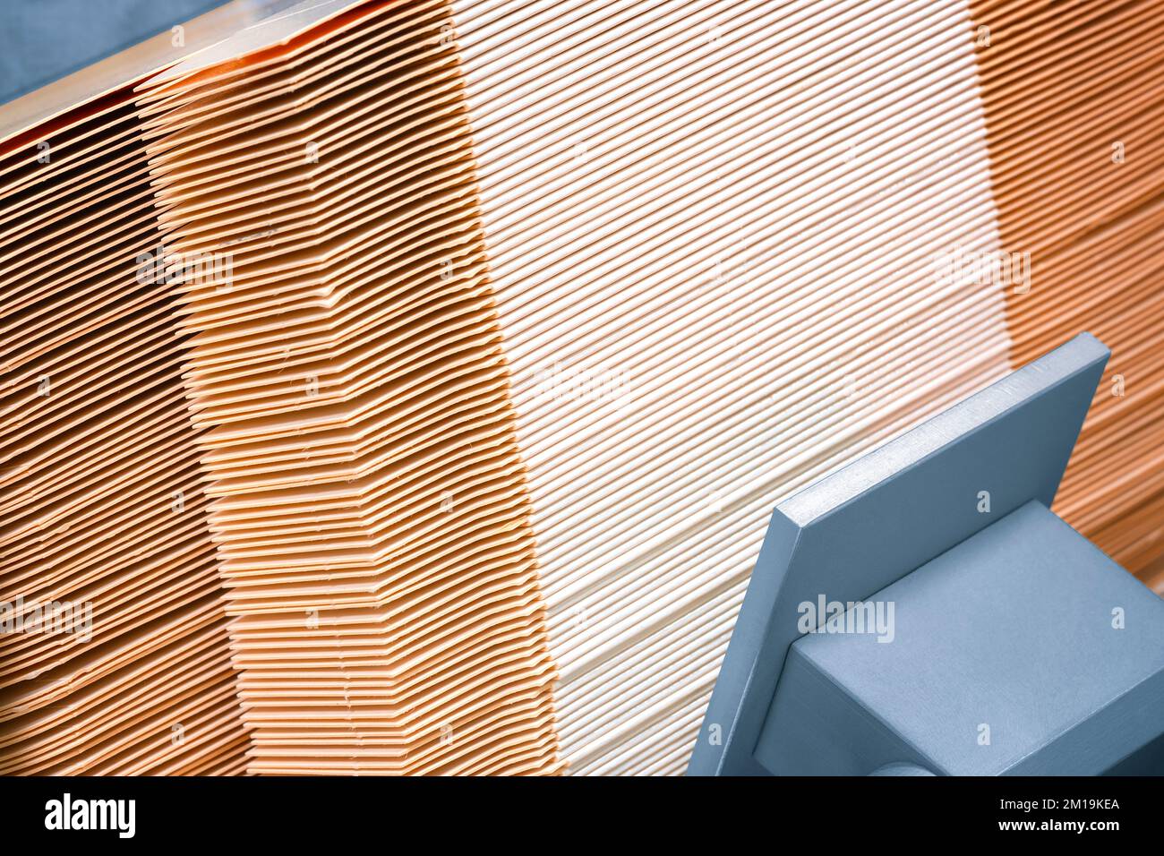 Elements of corton boxes are collected in stack. Conveyor line for the ...