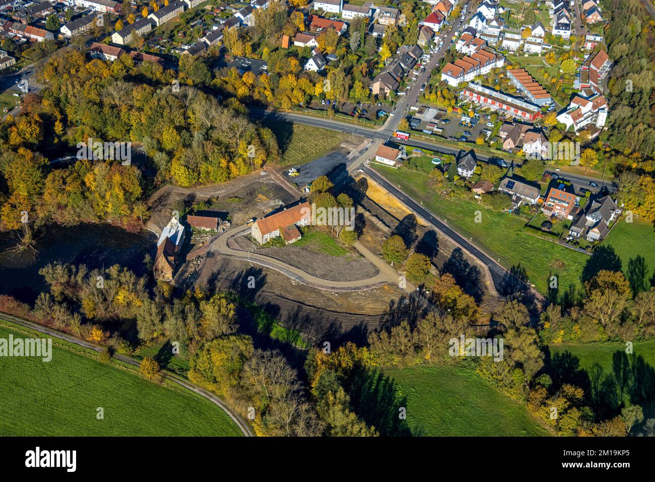 Aerial view, construction site and renovation of the castle mill at the ...