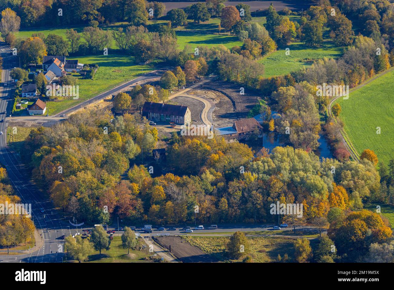 Aerial view, construction site and renovation of the castle mill at the ...
