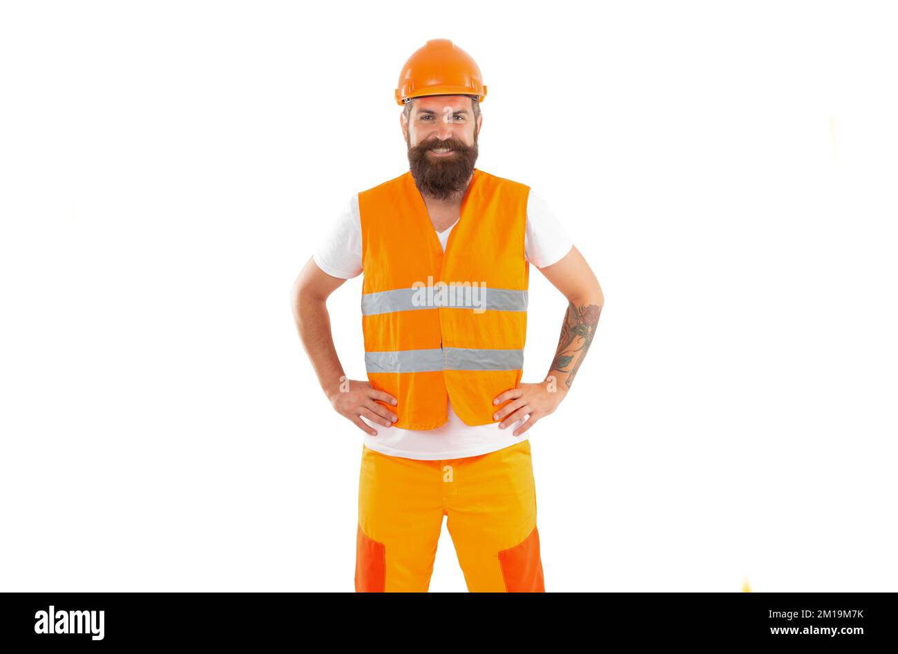 happy builder isolated on white background. builder man in uniform ...