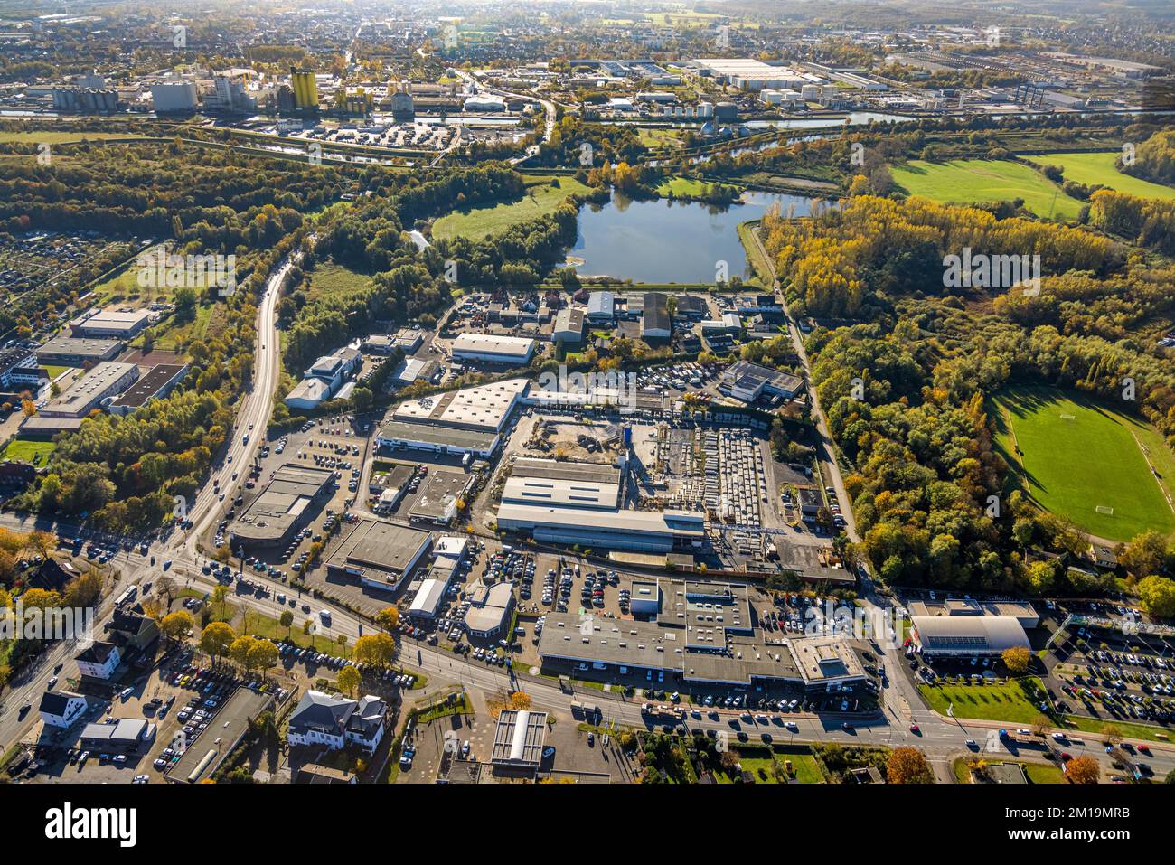Aerial view, industrial park Hüserstraße at Radbodsee in the district ...