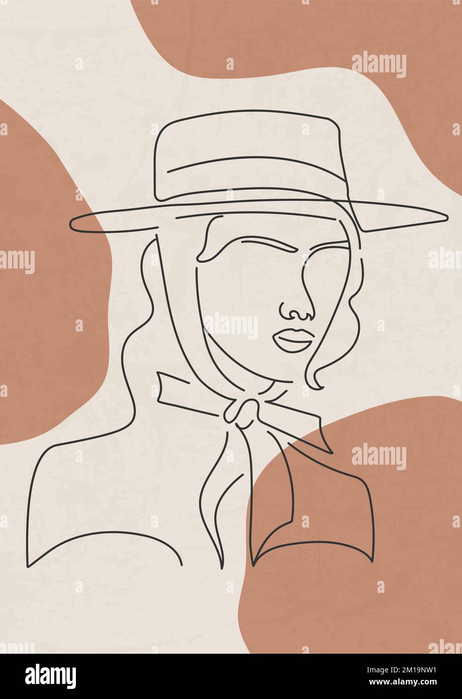 Young woman in hat linear drawing poster illustration Stock Vector ...