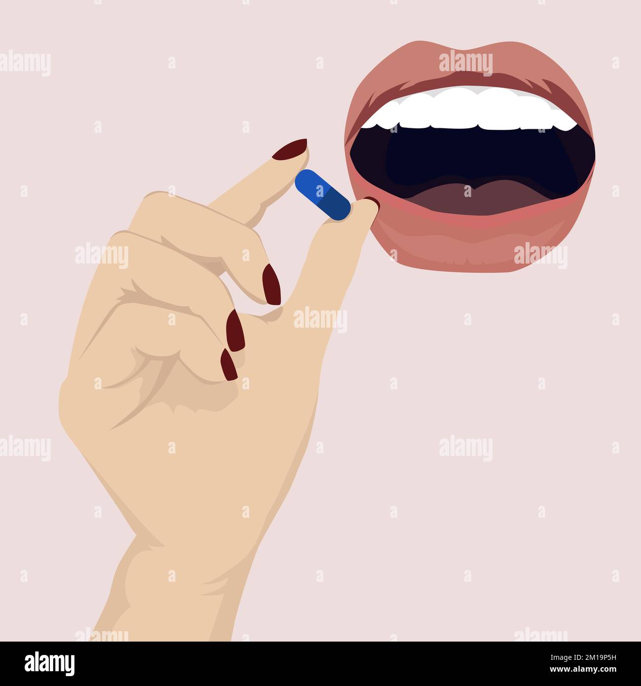 Taking pill. Mouth and hand, holding blue capsule, vector illustration ...