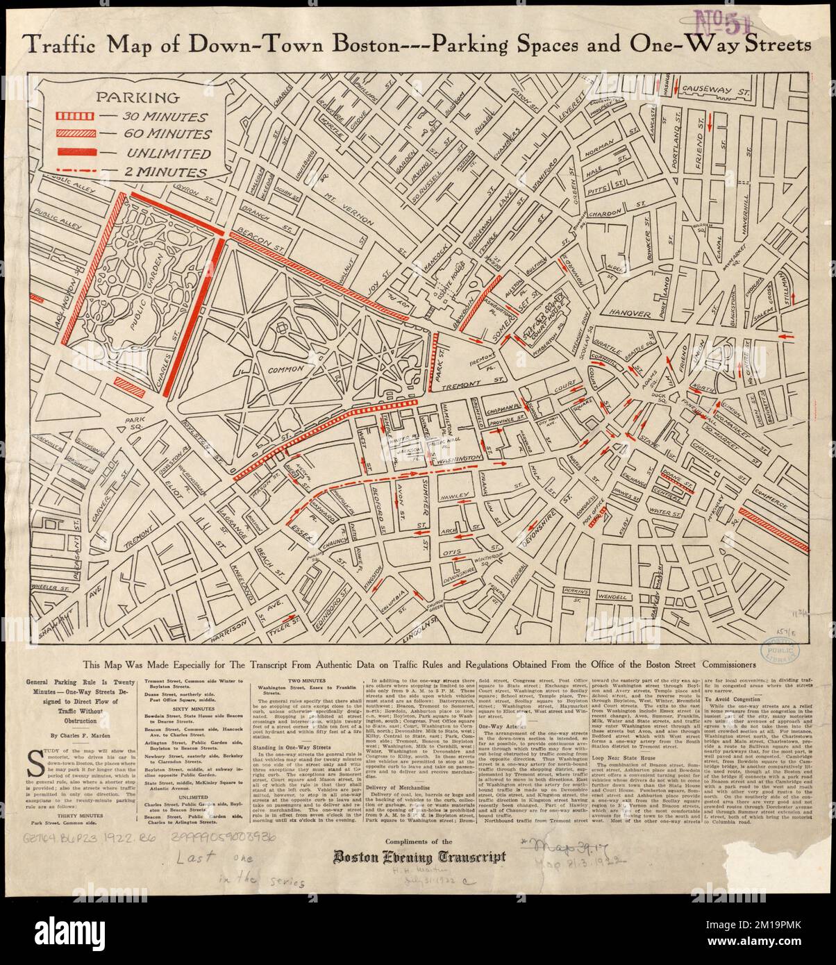 Traffic map of down-town Boston : parking spaces and one-way streets ...