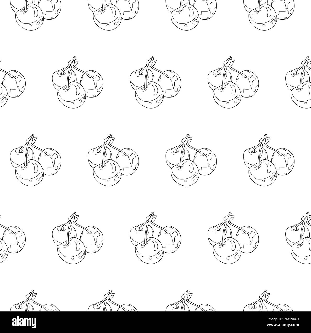 Three sweet cherries on a stem, black line drawing seamless pattern ...